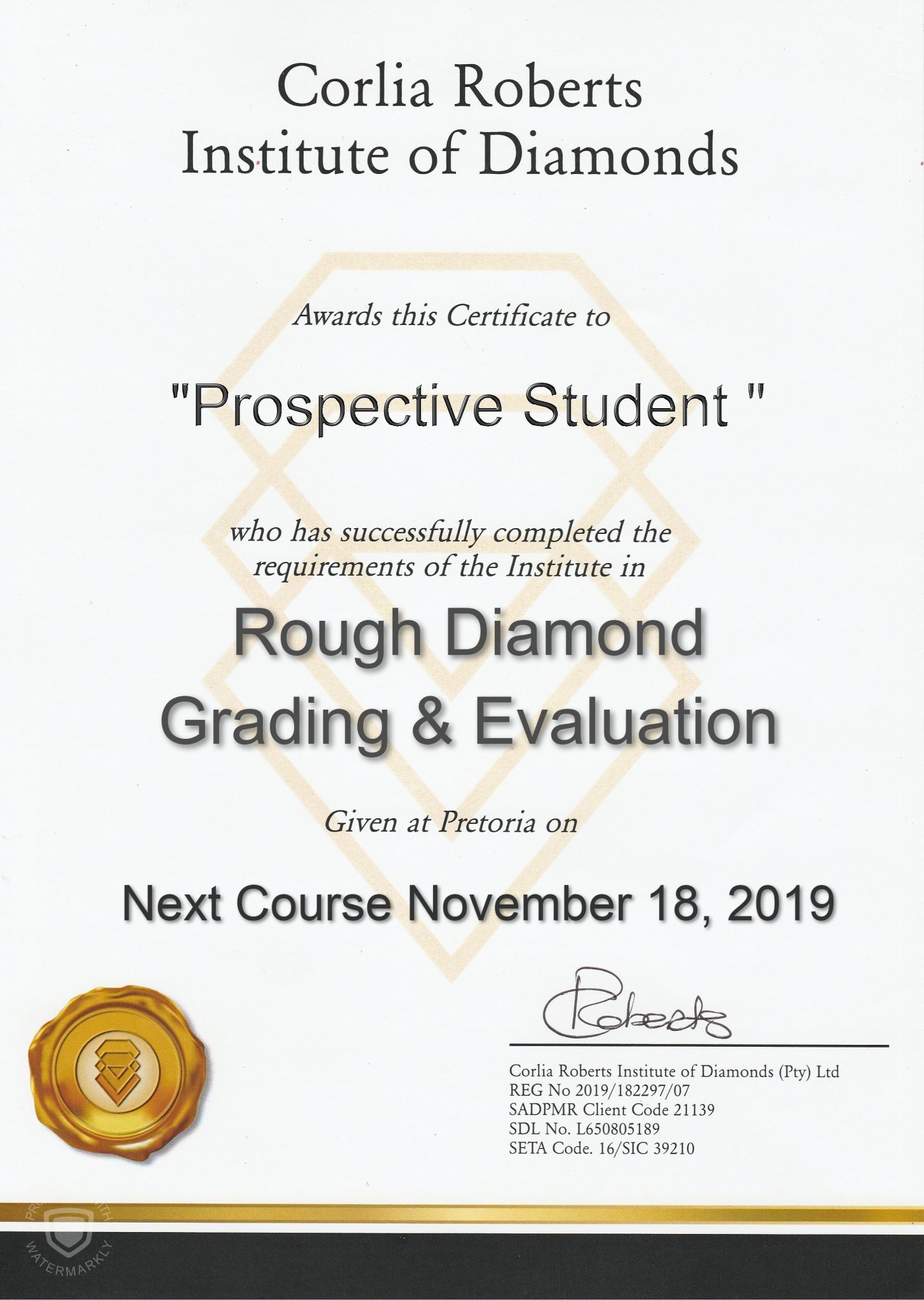 Certificate of Completion - Corlia Roberts | Diamond Education